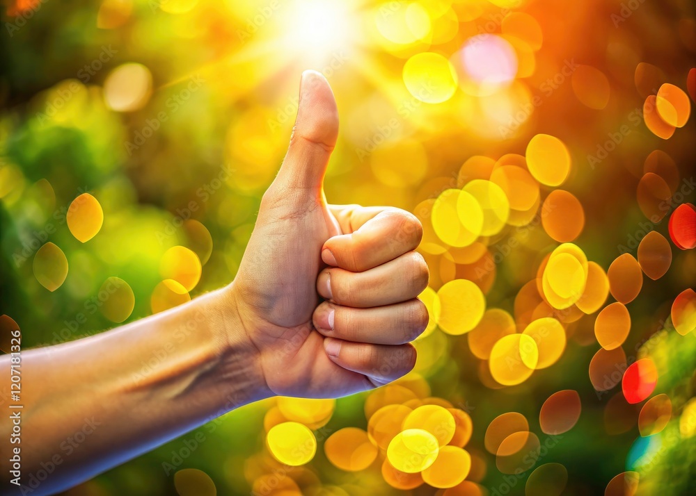 High-resolution tilt-shift image: a tiny hand gives a cheerful thumbs ...