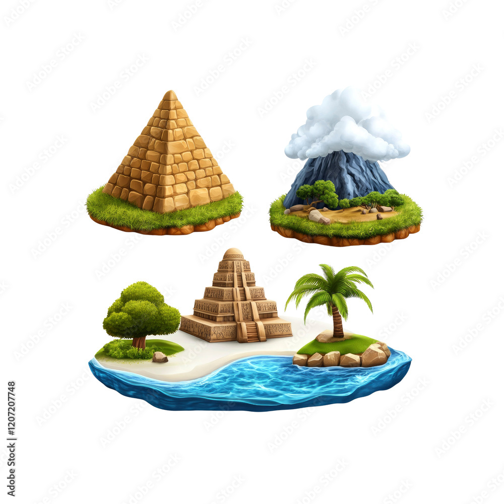 Isometric Illustration of Iconic Landmarks Pyramid, Volcano, Mayan ...