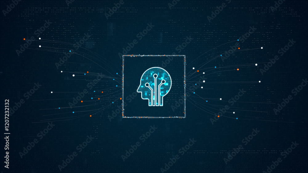 Blue digital robot head AI assistant logo with particles dot spread on ...