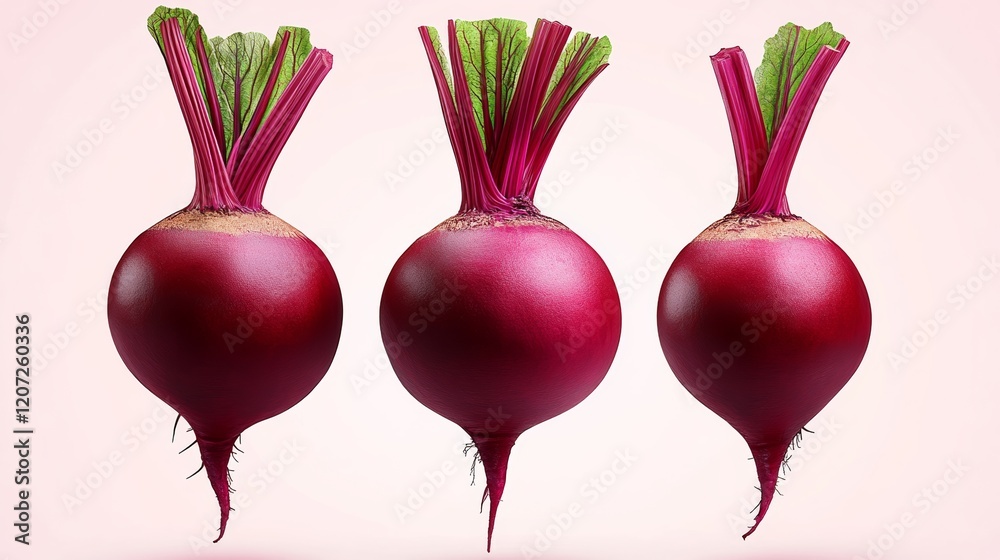 Three red beets are shown in a row, with the top one being the tallest ...