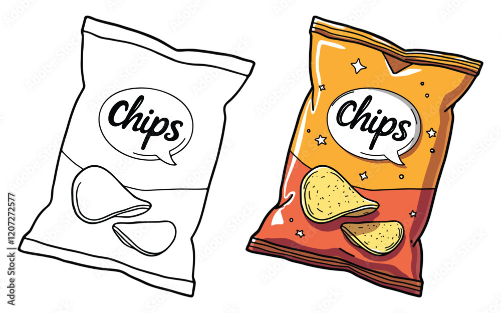Chips packet Line Art Vector Illustration Black and White with Coloring ...