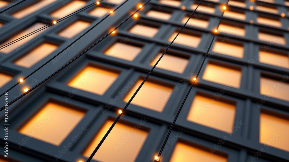 A modern building facade featuring a grid of illuminated windows with a ...