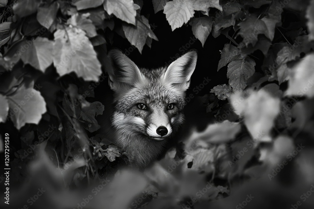 A grayscale image of a fox peering from behind leaves, showcasing its ...
