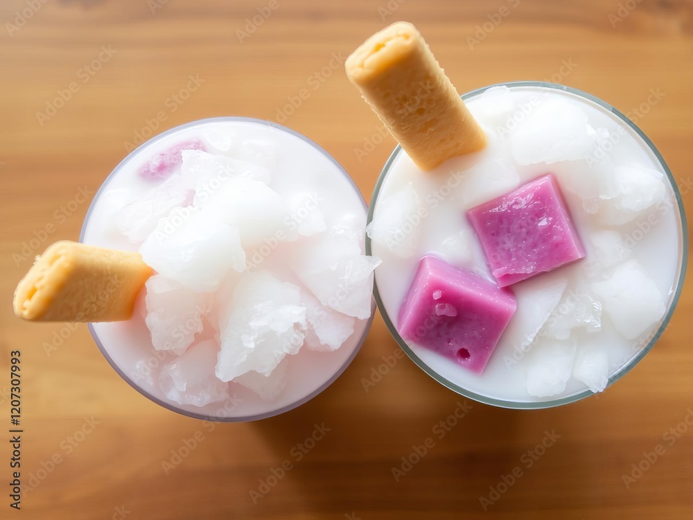 Top view of two cups of Halo-halo, a popular Filipino cold dessert with ...
