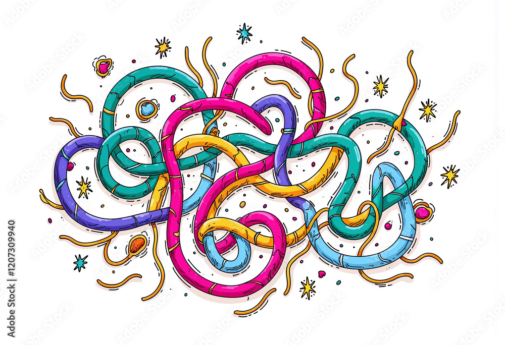 A colorful, abstract drawing of a snake made of different colored ...