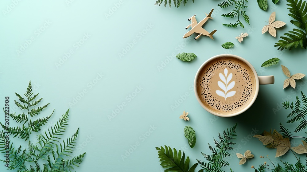 Neutral studio background featuring a cappuccino coffee cup topped with ...