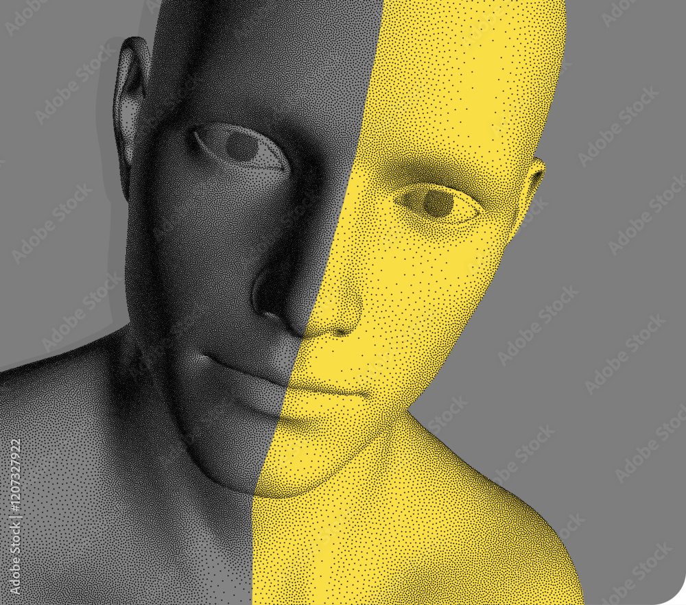Human head, formed from dots and split in half into black and gold ...