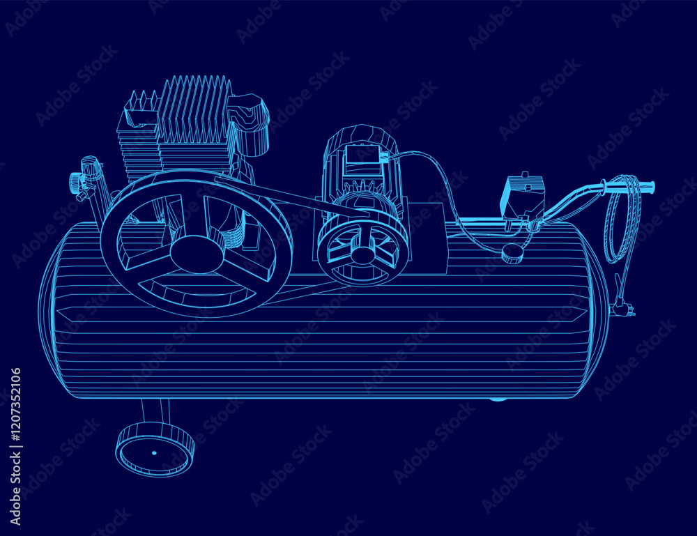 Blue drawing of a compressor with a engine. The compressor is shown in ...