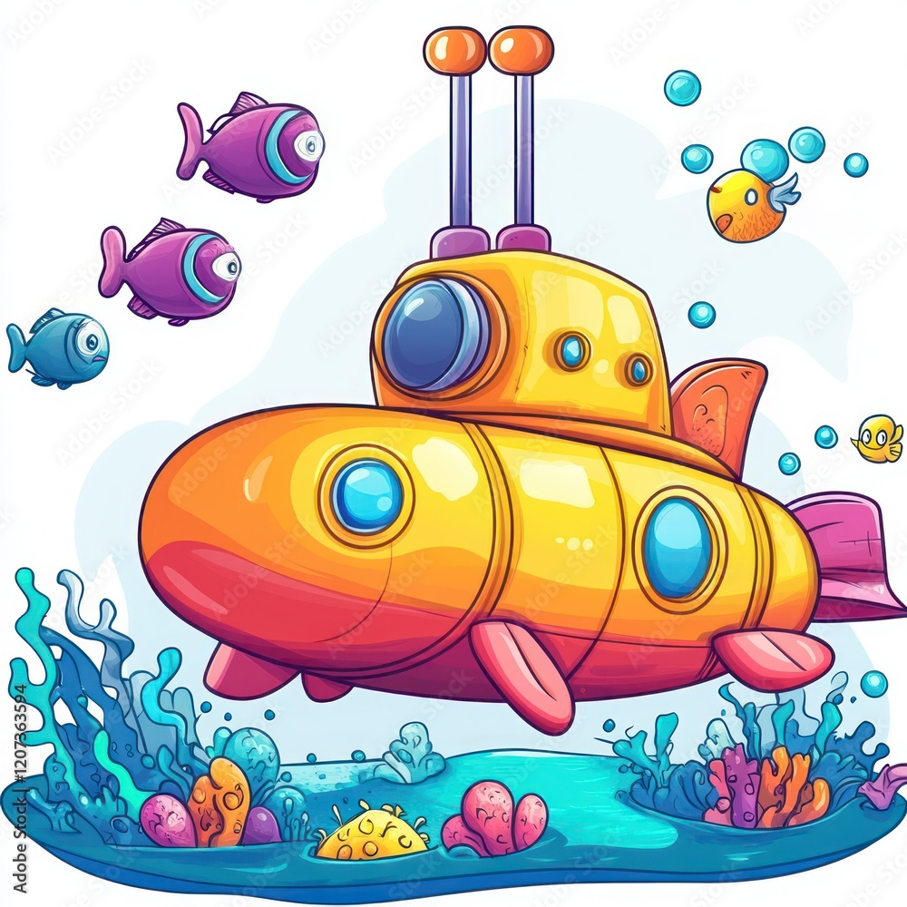 Cute yellow submarine cartoon illustration with fishes and coral reefs ...
