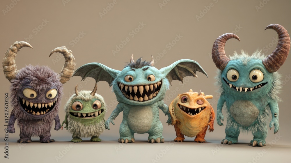 Cute monsters, funny alien animals with teeth, wings, horns and fur ...