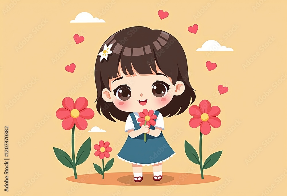 Cute Flat Illustration: Girl with Flowers, High Resolution, Detailed ...