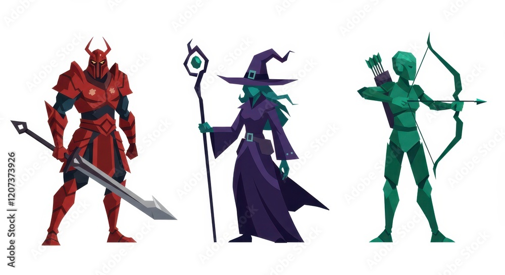 Fantasy characters collection: knight, wizard, and archer with weapons ...