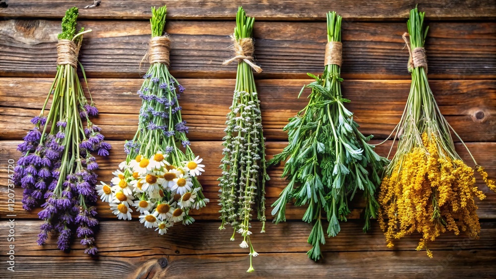 Six different types of flowers tied with twine, hanging upside down ...