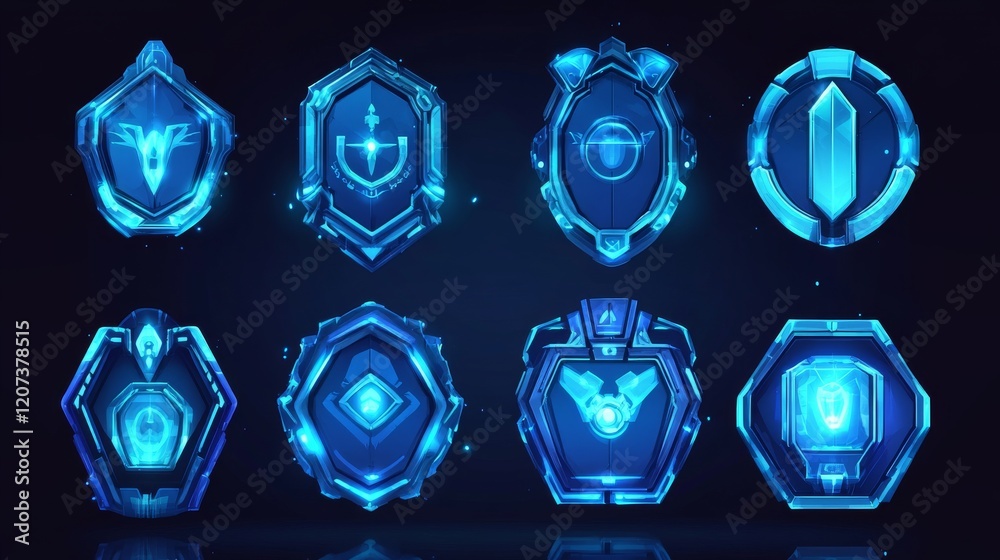 Futuristic badges with level number and experience points for game ui design. Vector cartoon ...