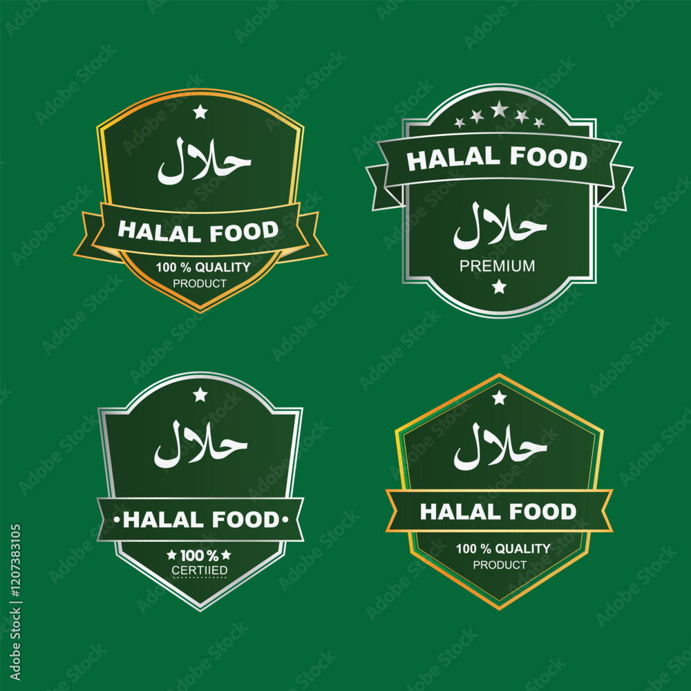 Halal food logos, Islamic emblems, green and gold color scheme, Arabic ...