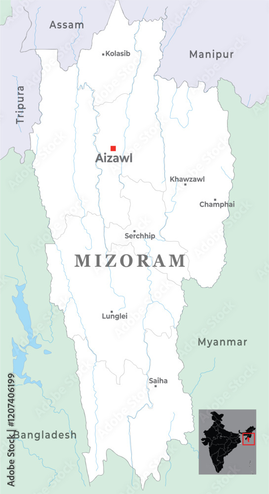 Mizoram district map with capital Aizawl, marked most important cities ...