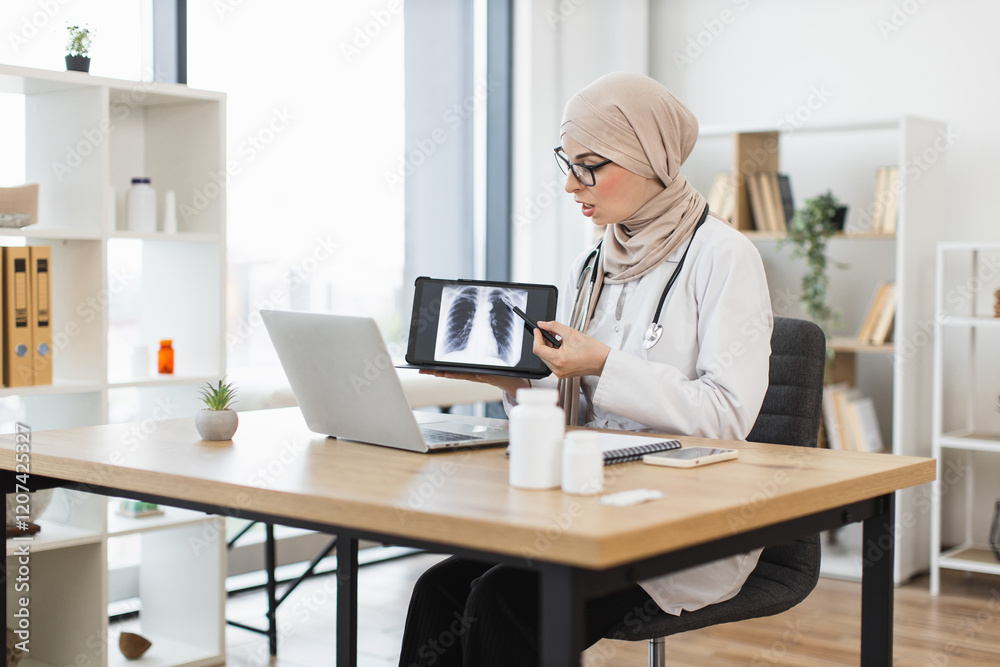 Muslim female doctor in hijab conducts video consultation with patient displaying lung x-ray ...