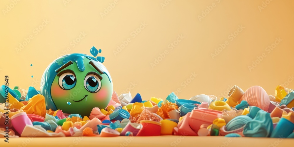 Sad Earth Drowning in Plastic Waste: A 3D Render of Environmental ...