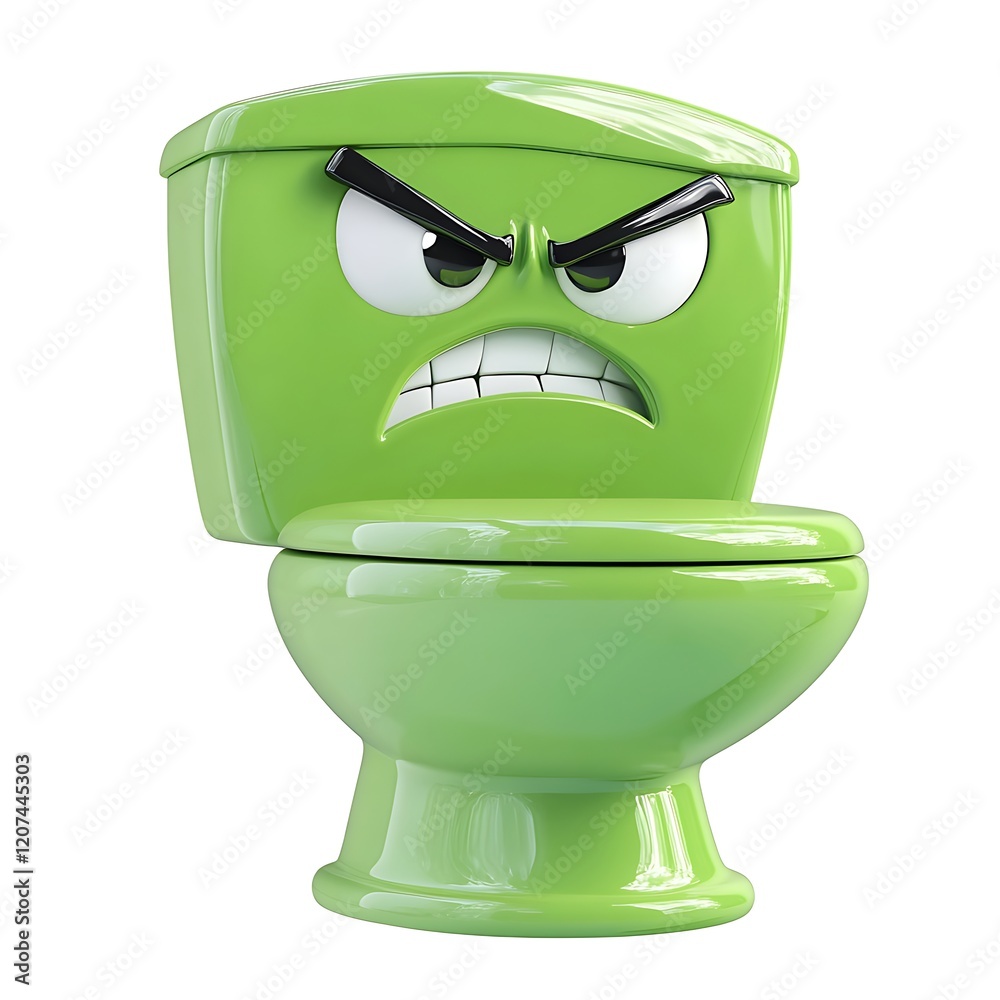 Angry toilet emoji in vibrant green with extreme close-up, pure white ...