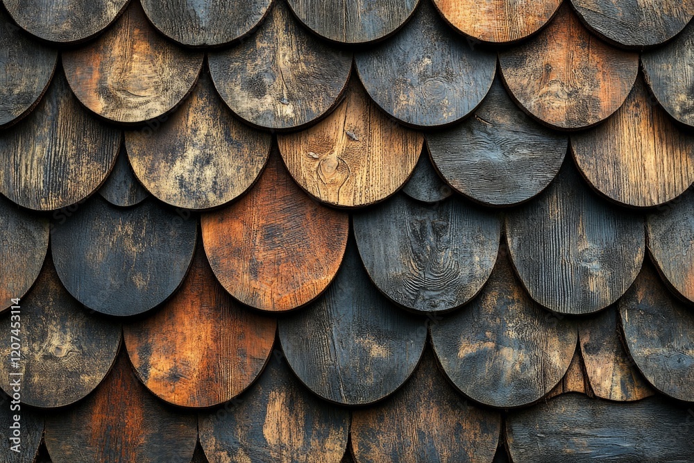 Wooden shingle wall displaying a unique texture with varying shades and ...