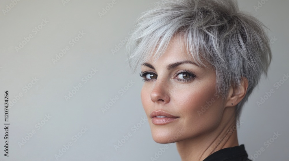 Short hairstyles for grey hair, including a pixie cut with textured ...