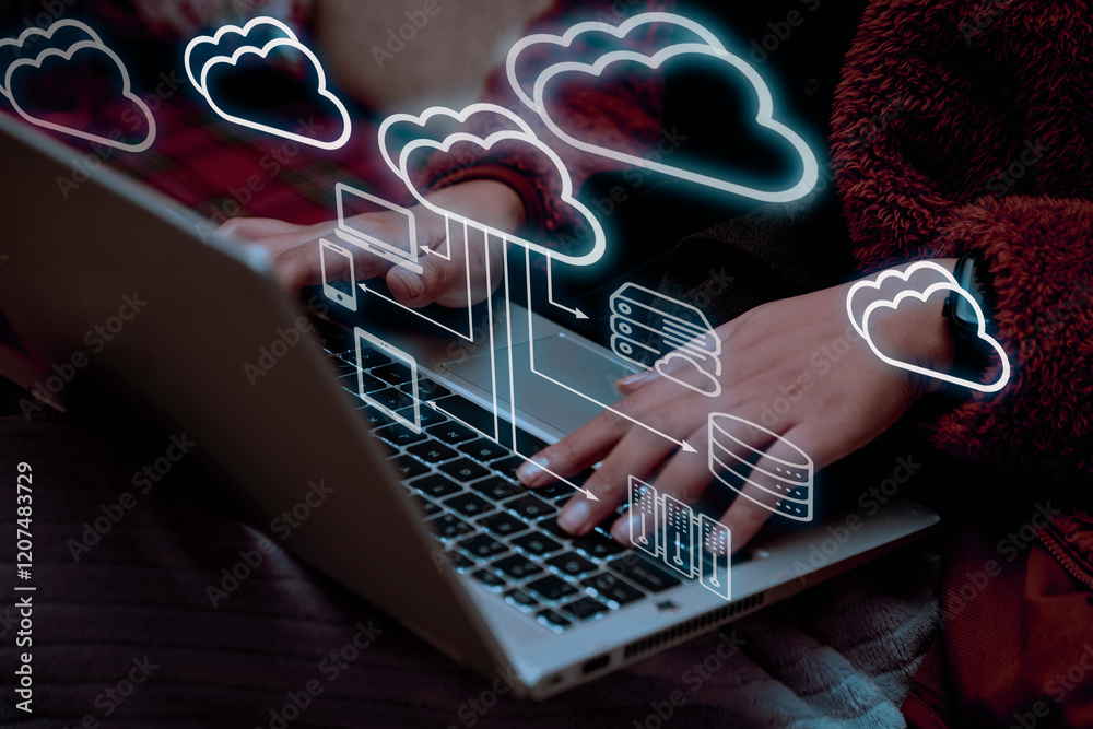 Cloud computing technology concept. Businessman shows cloud storage network technology icon ...