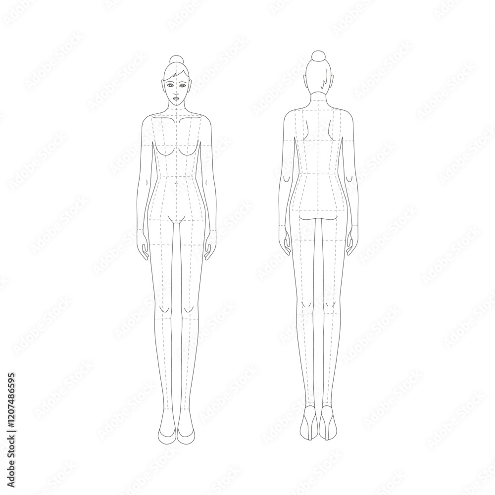 Two female line technical drawing croquis for flat fashion sketches and ...
