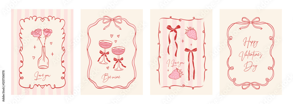 Set of vintage coquette greeting cards for Valentine's Day. Hand drawn ...