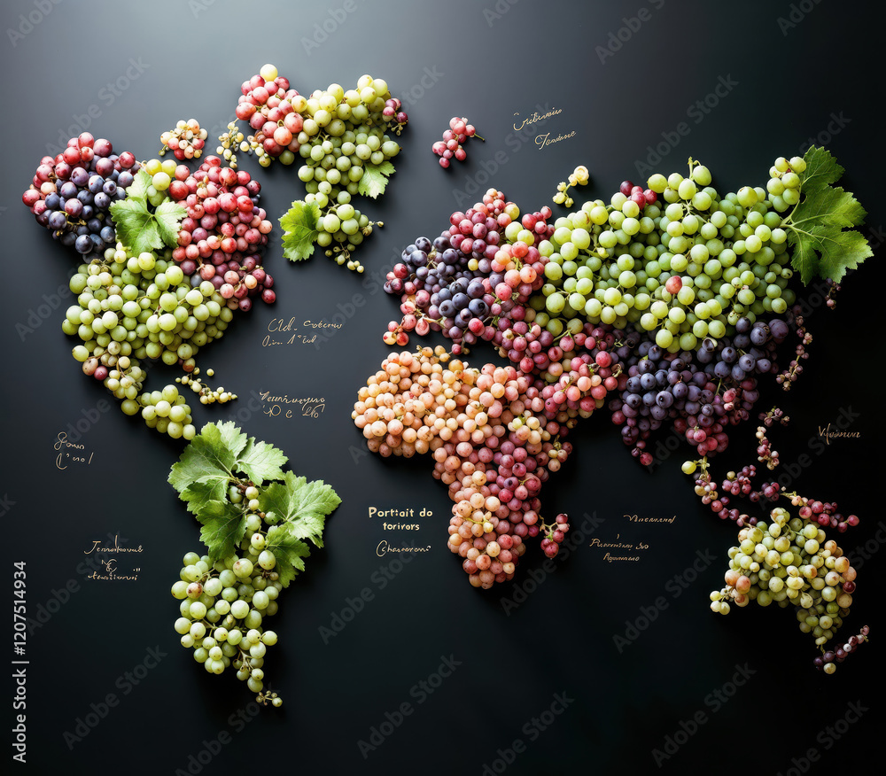 World map made of grapes representing wine regions and varieties Stock ...