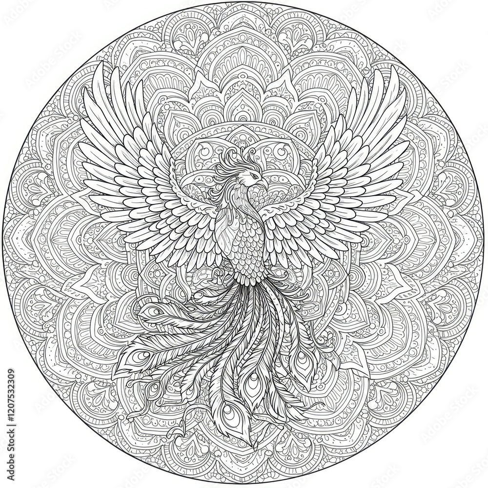 Phoenix Mandala: A majestic phoenix, wings outstretched, takes center ...