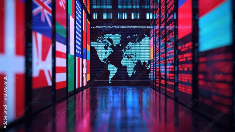 A digital corridor lined with flags leading to a world map, showcasing ...