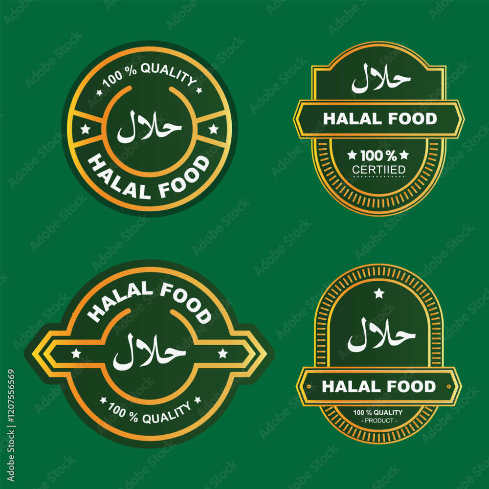 Halal food labels, golden emblems, green background, Islamic symbols ...