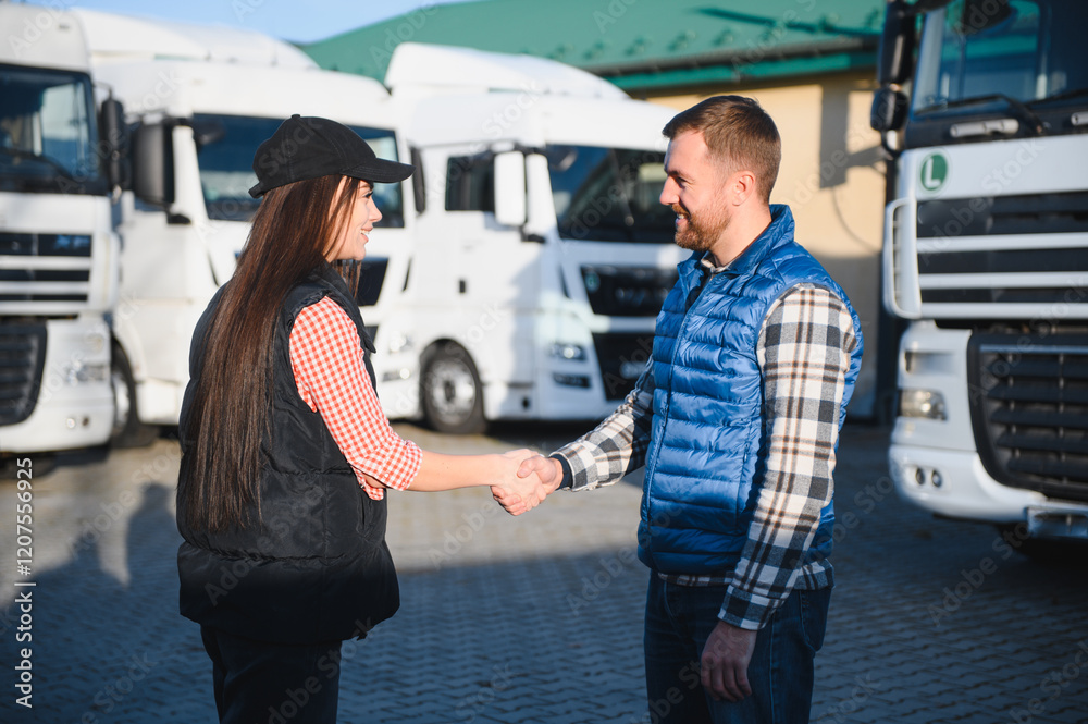 Happy driver and female dispatcher shaking hands on truck parking lot ...
