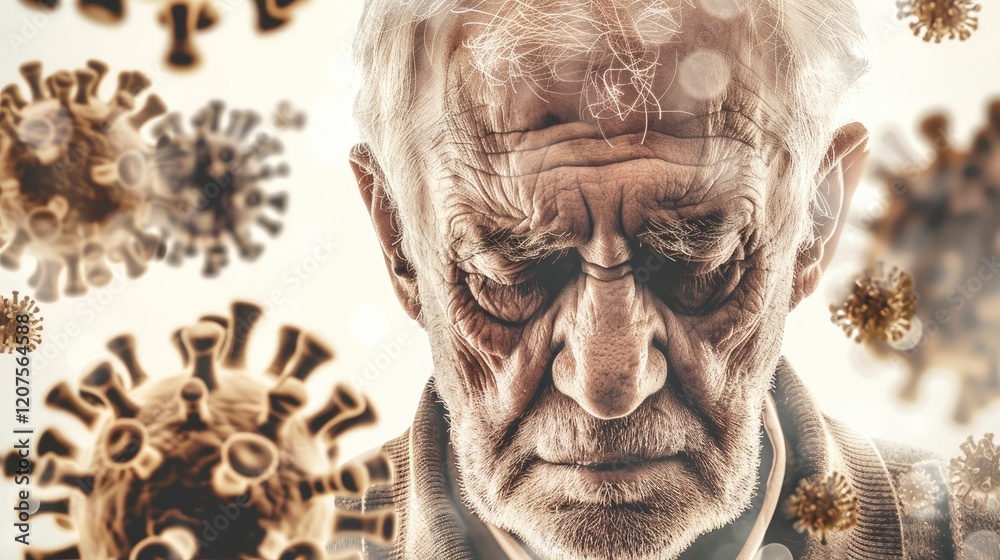 Hombre mayor triste con cáncer, enfermedad contagiosa, células de ...