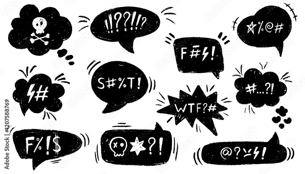 Comic speech bubbles with swear words. Hand drawn charcoal speech ...