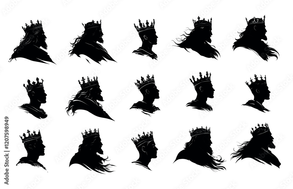 King suzerain avatars black silhouette vector set. Crown bearded heads ...