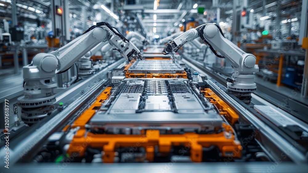 Industrial robot arms assemble lithium-ion EV battery packs in a modern ...