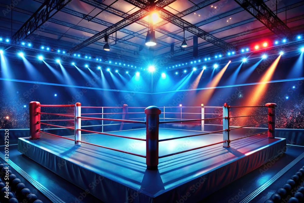 Empty boxing ring, vibrant arena lighting, virtual crowd animation, 3D ...