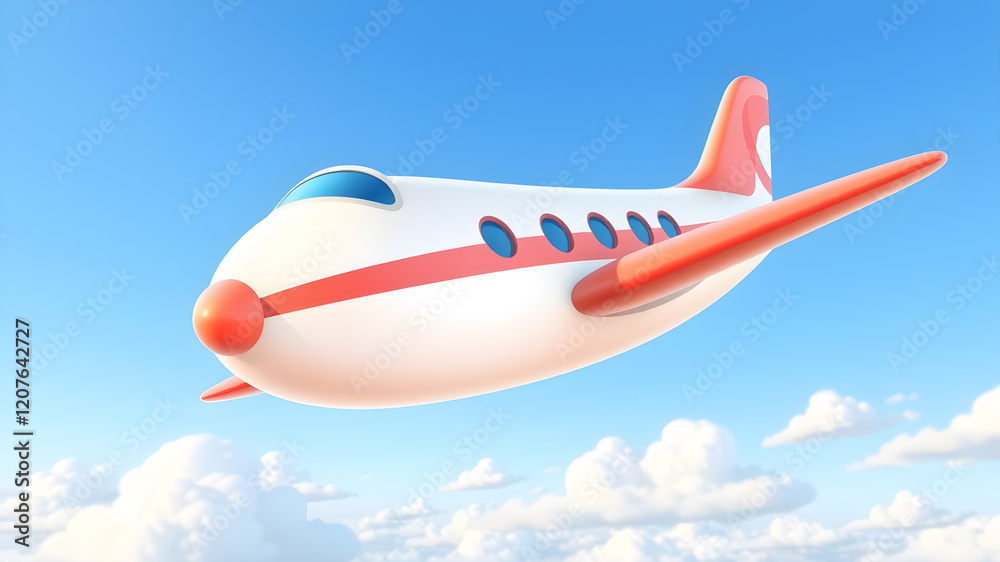 Flying plane icon. Cute, cartoon 3d realistic white airplane with blue ...