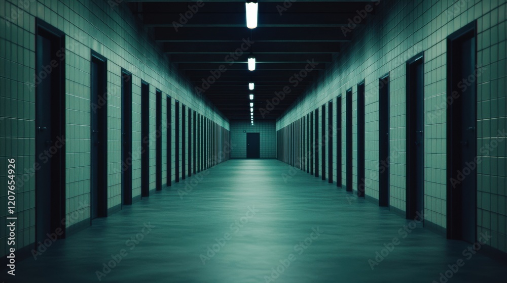 Empty hallway on death row. Dark corridor lined with doors and overhead ...