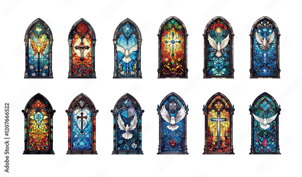 Stained glass windows cartoon vector set. Cross jesus holy spirit white ...