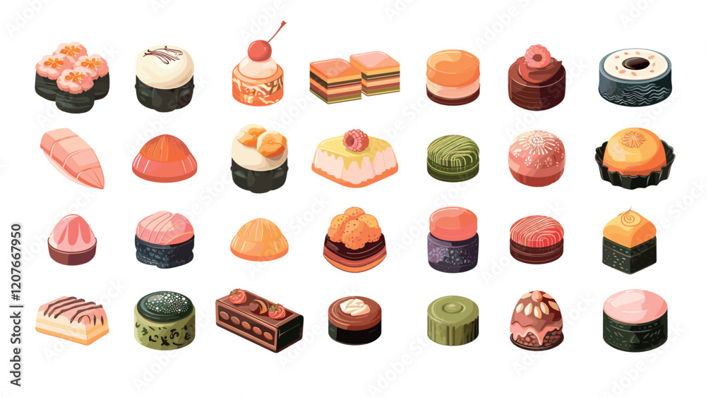 Traditional japanese desserts cartoon vector set. Sweets dango taiyaki ...