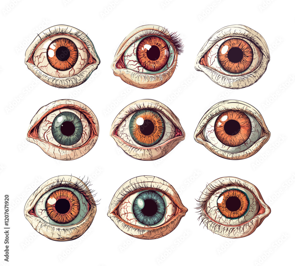 Zombie eye with optic nerve cartoon vector set. View body part scary ...