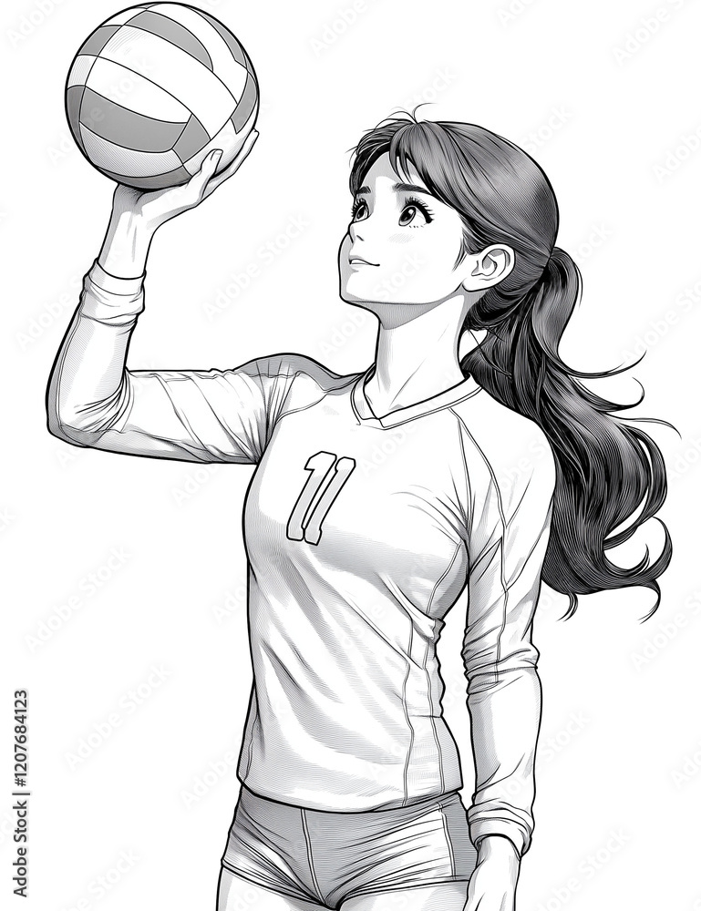 Dynamic black and white anime illustration of a young volleyball player ...