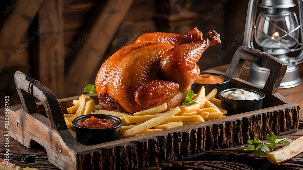 Authentic Peruvian pollo a la brasa rotisserie chicken served with ...