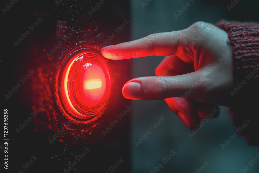 Persons hand gently touching a bright red light source in a dark ...