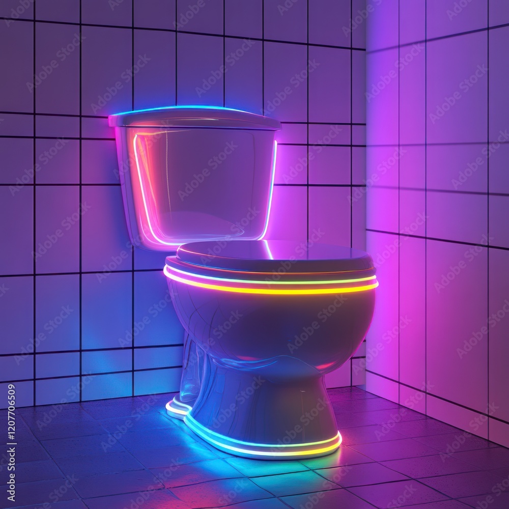 Neon Toilet: A modern toilet illuminated with vibrant neon lights in a ...