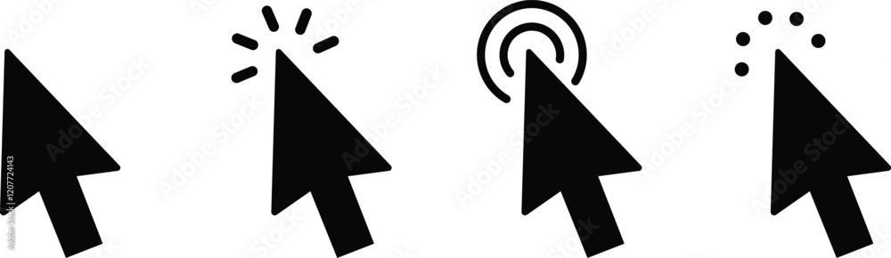 Computer mouse click cursor black flat arrow and hand icons set. Mouse pointer modern, simple ...