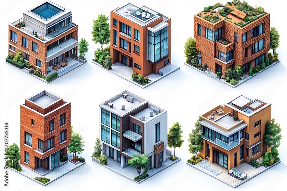 Collection of Modern House Designs: Isometric 3D Renderings of Six ...