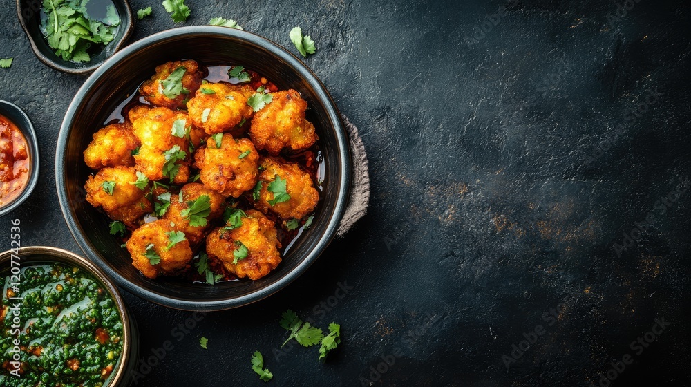 Medu Vada with sambar and chutney served in a bowl on dark background ...